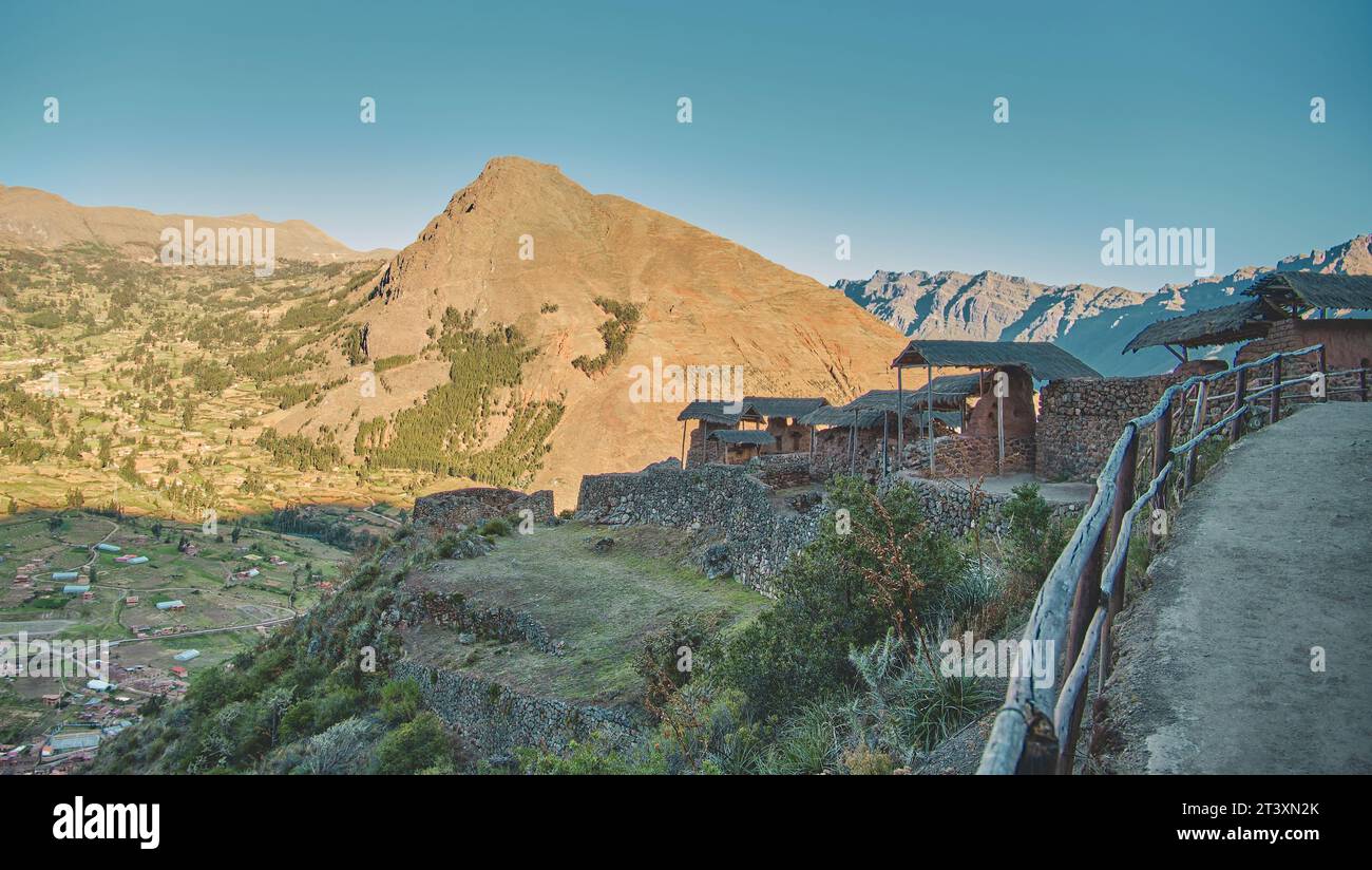 Panoramic view of the ancient Inca ruins of Pisac Pisac in the Sacred ...