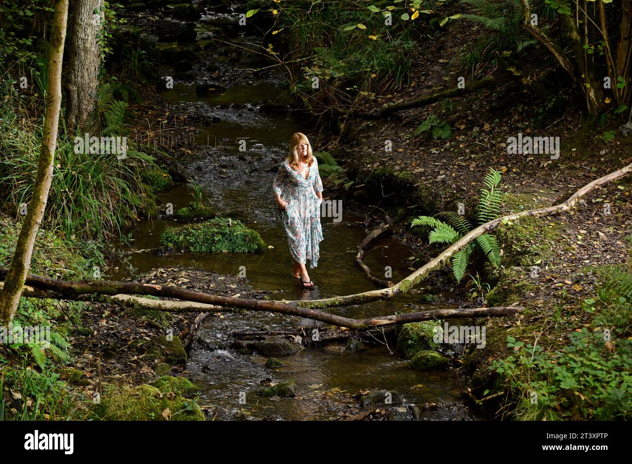 Woman walking along the cool waters of a stream in England, Britain, Uk ...