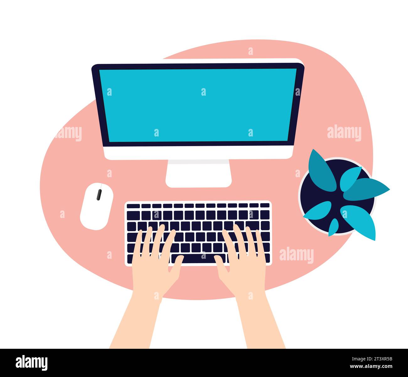 Desktop top view with human hands typing on keyboard. Workplace with computer monitor, phone ...