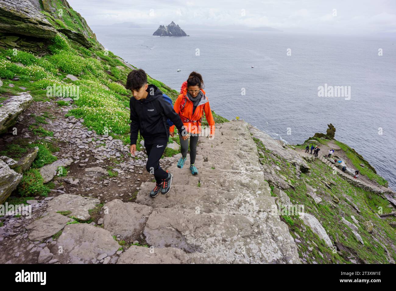 visitors on the steep path up to the monastery, Skellig Michael island ...