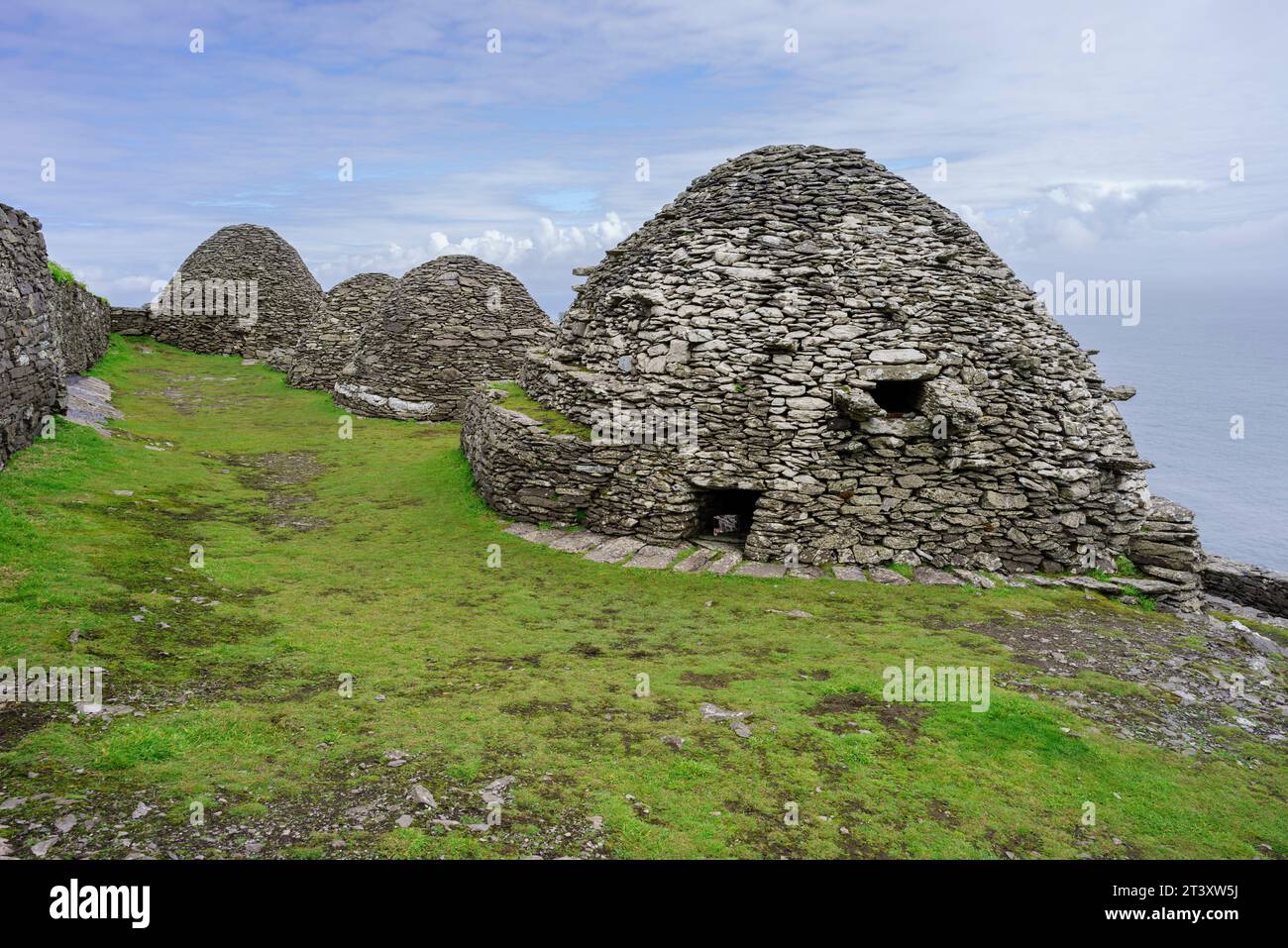 clochans, stone cells. monastery at the top, Skellig Michael island ...