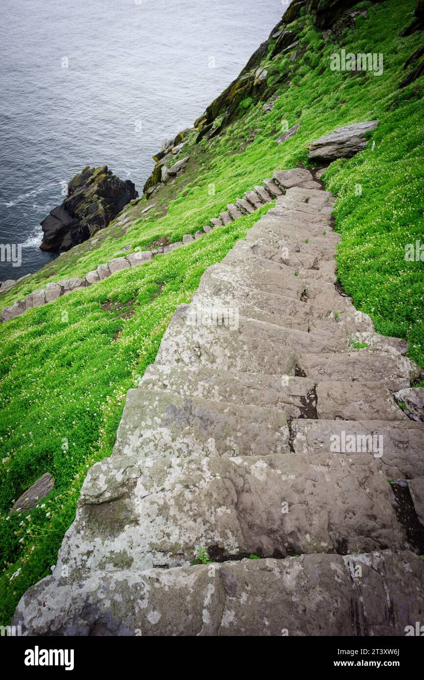 visitors on the steep path up to the monastery, Skellig Michael island ...