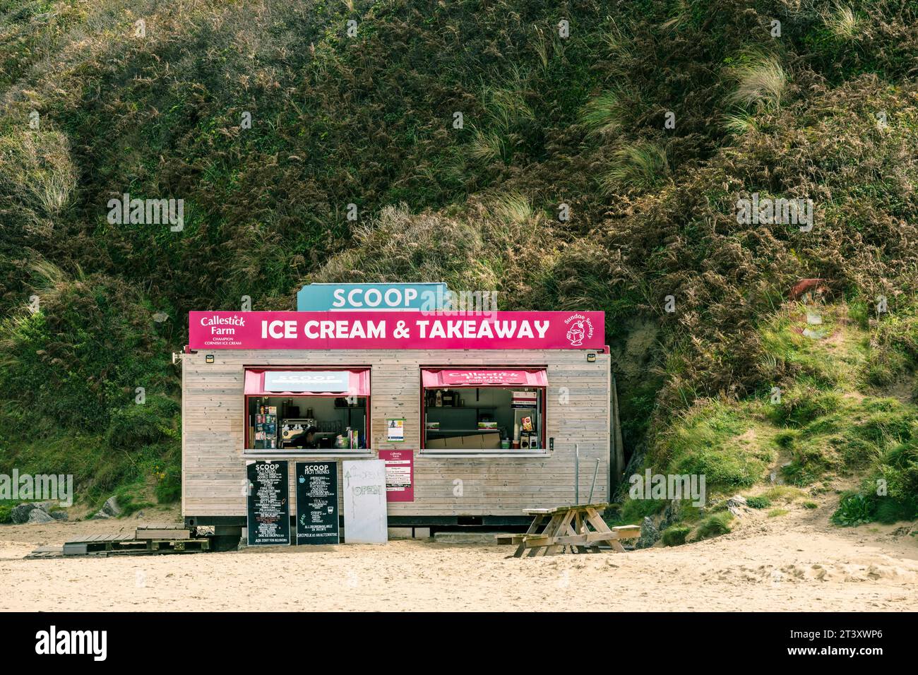 The Scoop takeaway cabin on Crantock Beach in Newquay in Cornwall in ...
