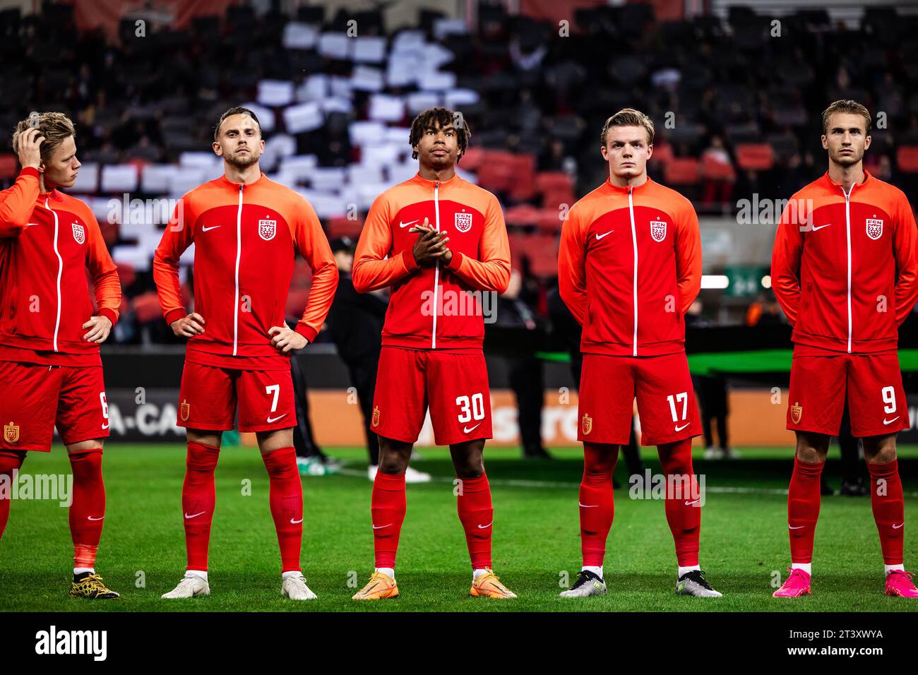 Trnava, Slovakia. 26th Oct, 2023. The players of FC Nordsjaelland line ...