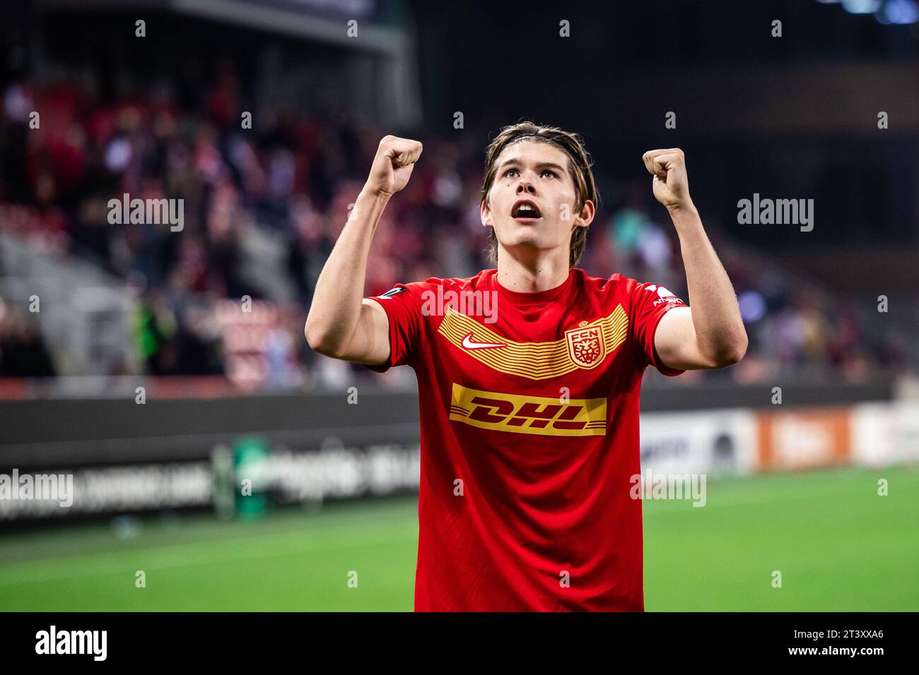 Trnava, Slovakia. 26th Oct, 2023. Lucas Hey (19) of FC Nordsjaelland ...