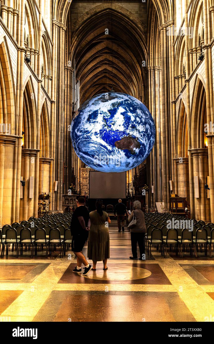 The touring artwork, Gaia by artist Luke Jerram inside Truro Cathedral ...