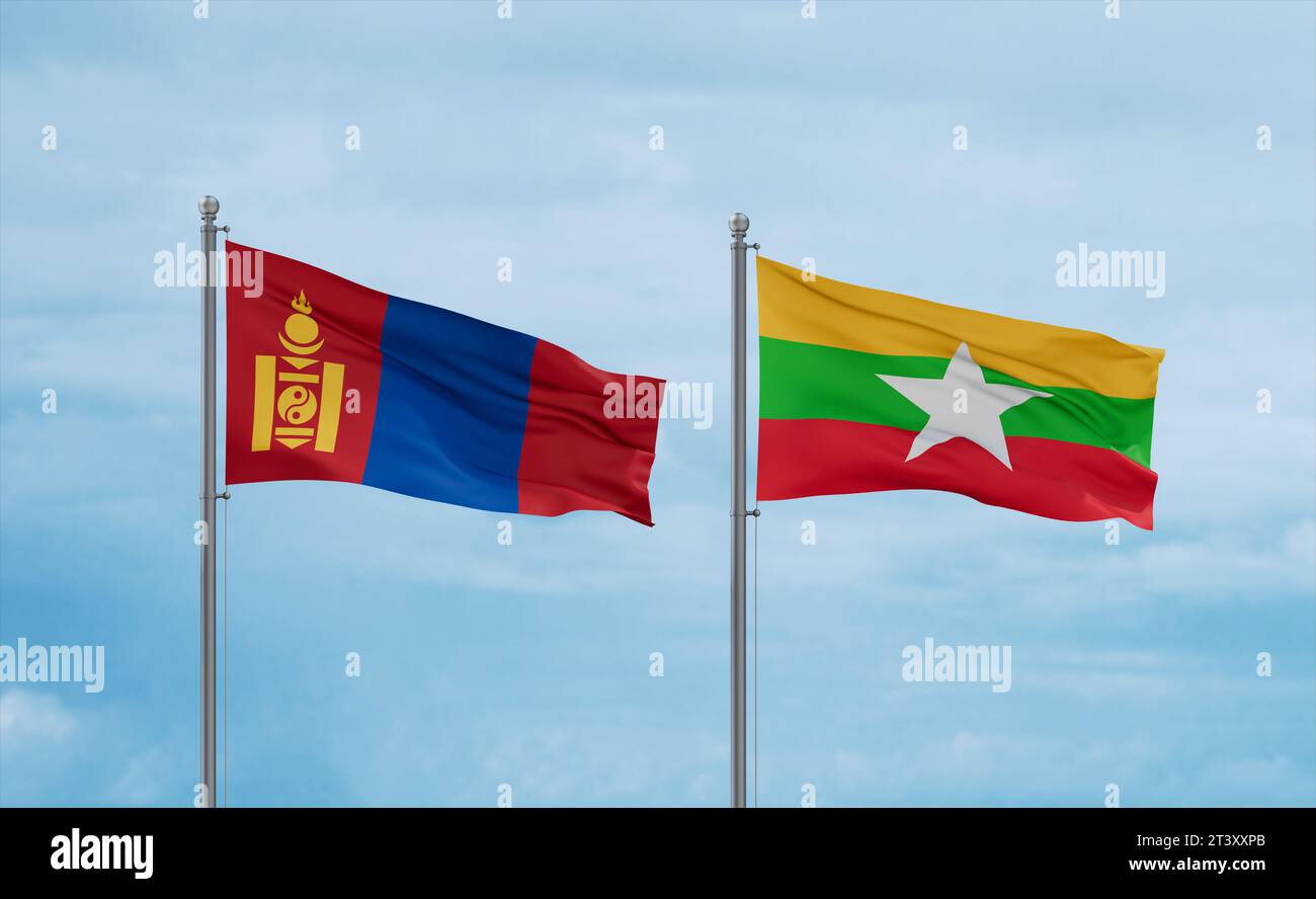 Myanmar aka Burma and Mongolia flags waving together on blue cloudy sky ...