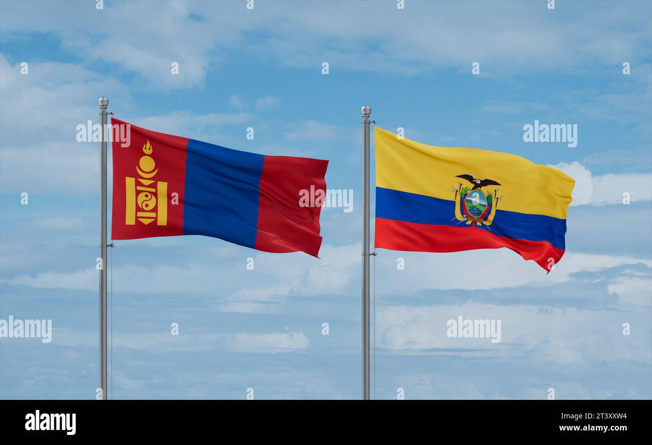 Ecuador and Mongolia flags waving together on blue cloudy sky, two country relationship concept ...
