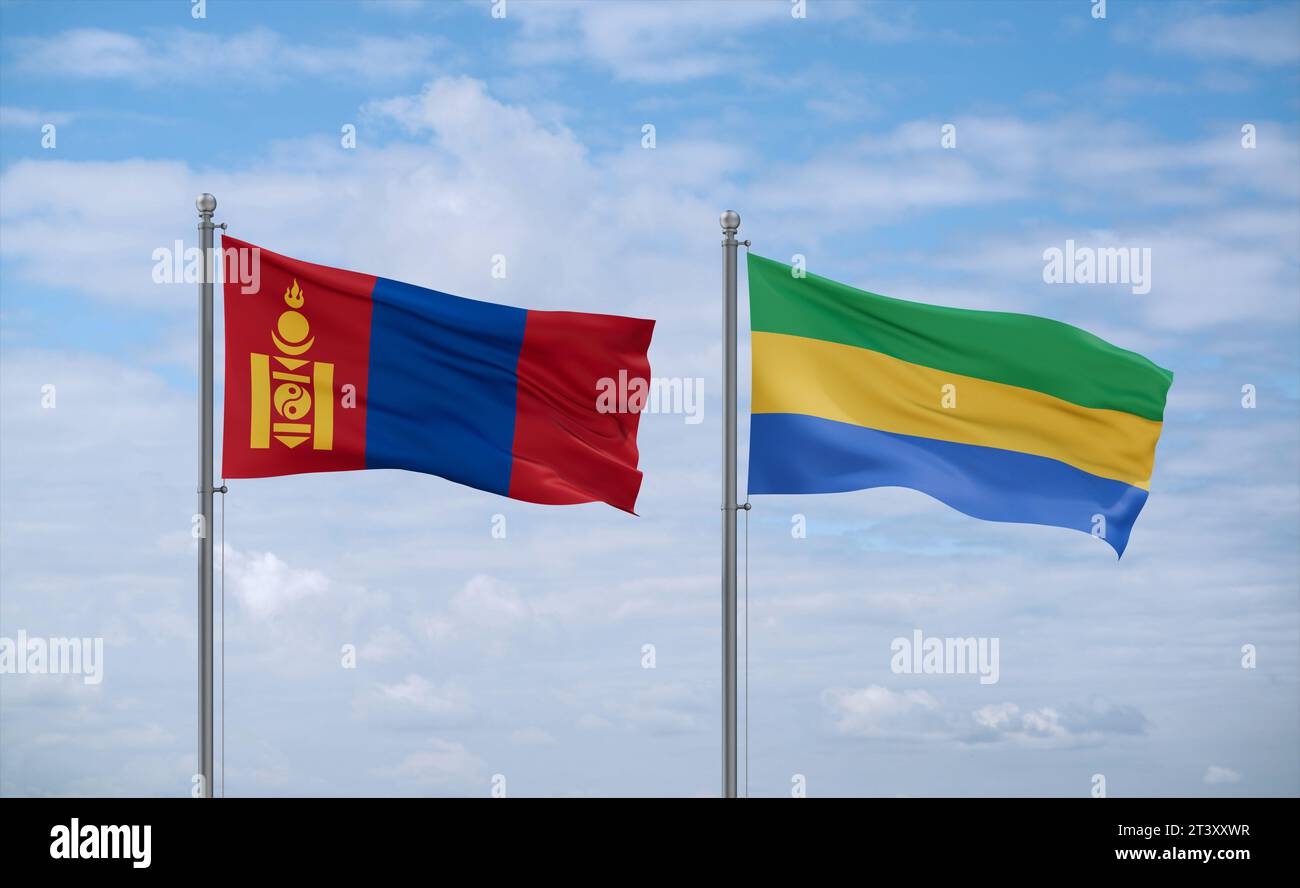Gabon and Mongolia flags waving together on blue cloudy sky, two country relationship concept ...
