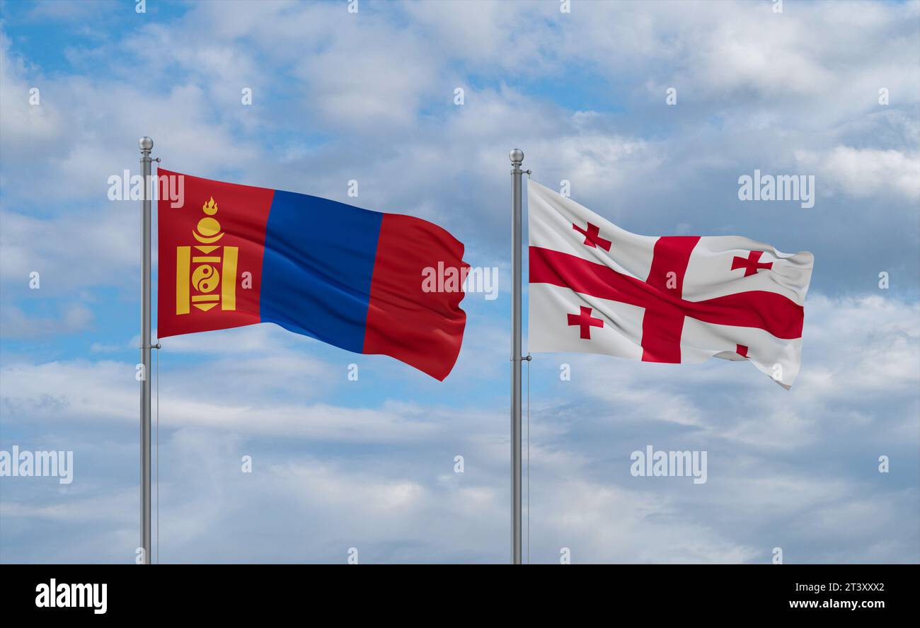 Georgia and Mongolia flags waving together on blue cloudy sky, two country relationship concept ...