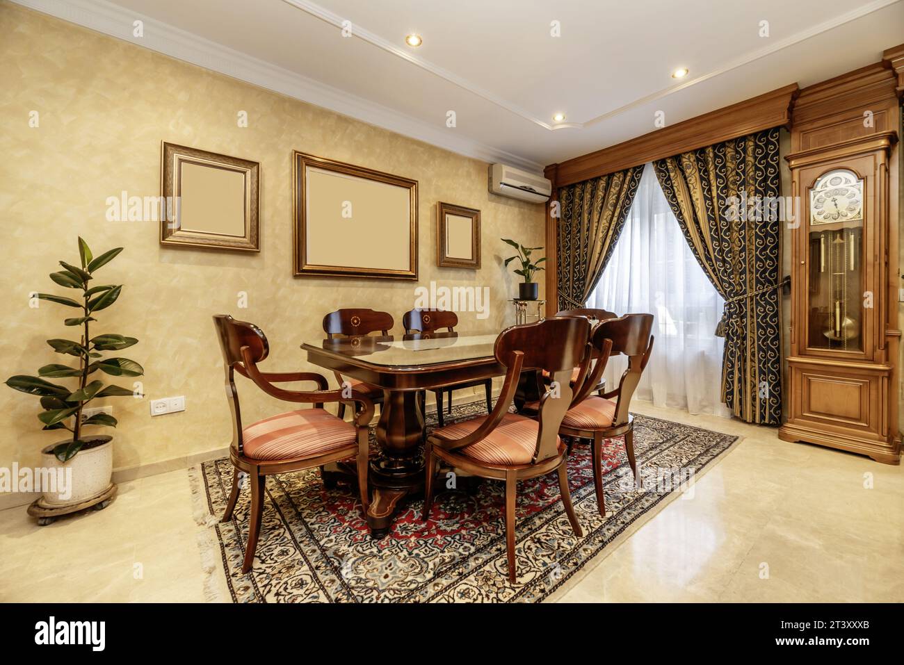 Vintage style dining room with matching wooden chairs and table ...
