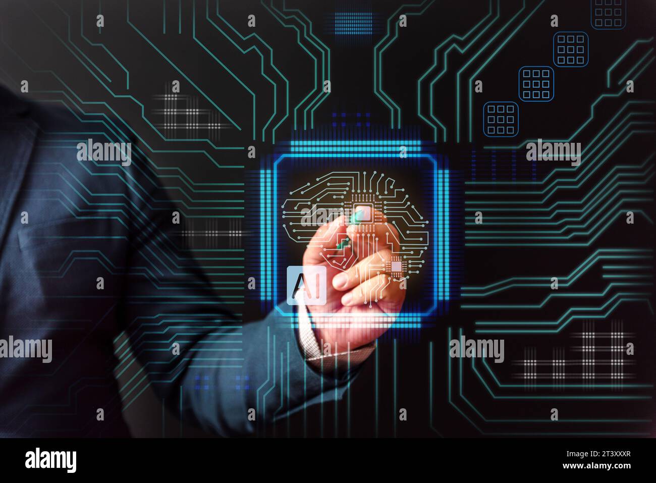 Man pointing a pen to futuristic interface network include of ...