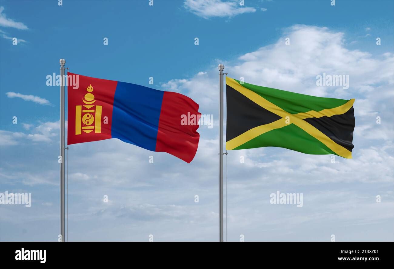 Jamaica and Mongolia flags waving together in the wind on blue cloudy ...