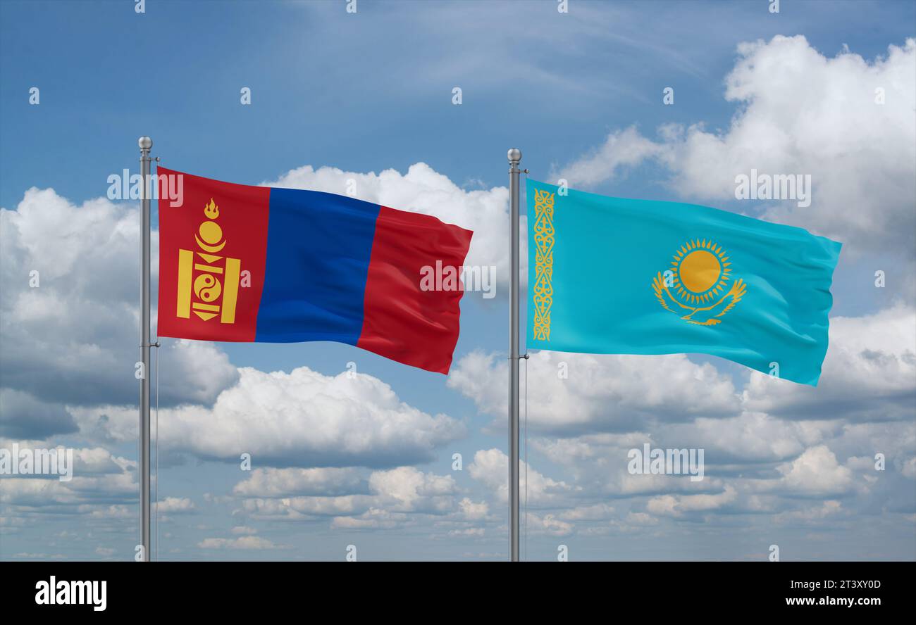 Kazakhstan and Mongolia flags waving together in the wind on blue ...