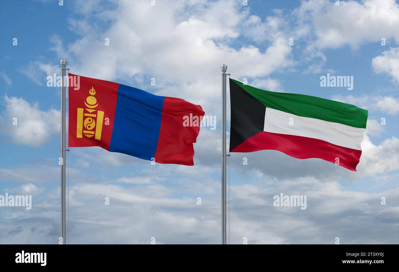 Kuwait and Mongolia flags waving together in the wind on blue cloudy sky, two country ...