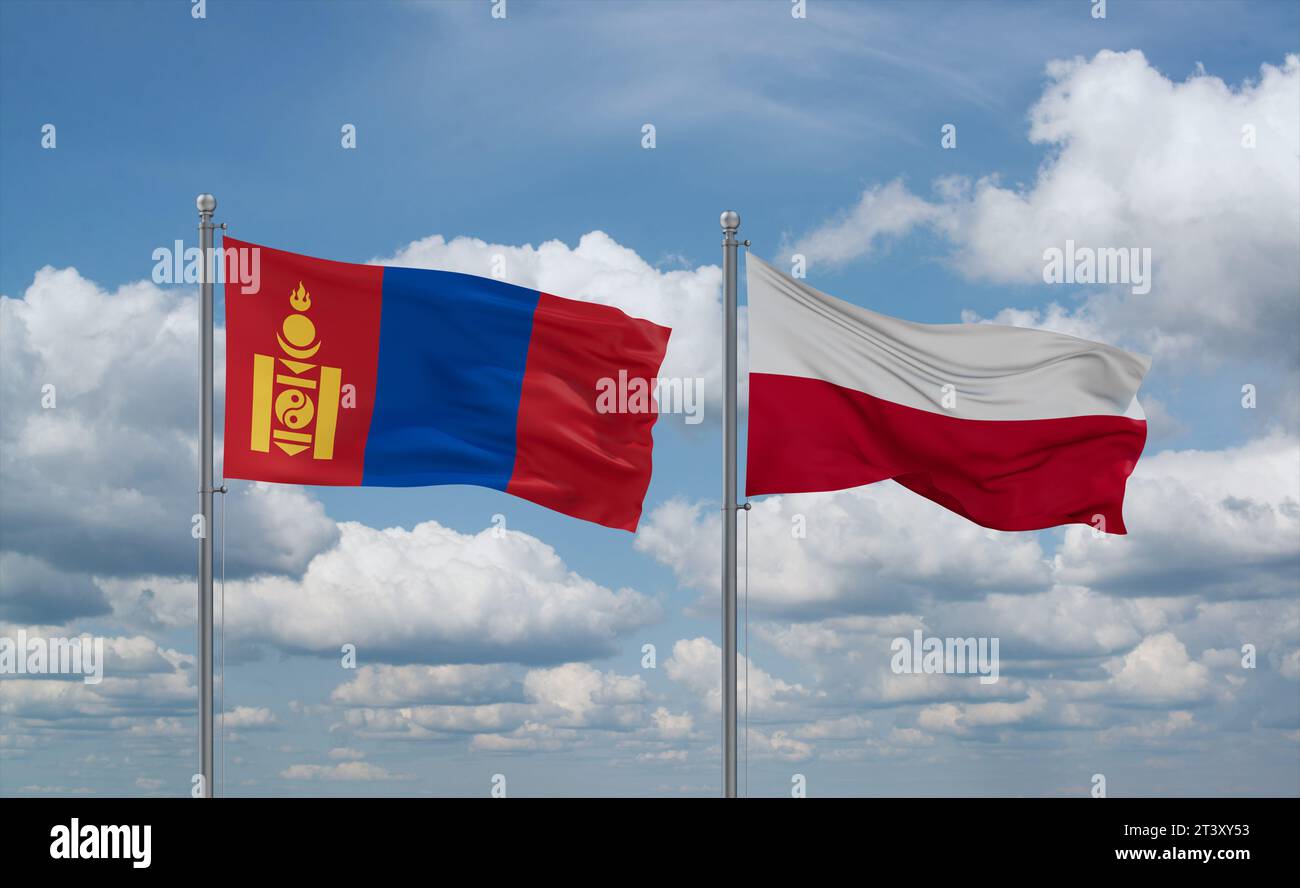 Poland and Mongolia flags waving together in the wind on blue cloudy sky, two country ...