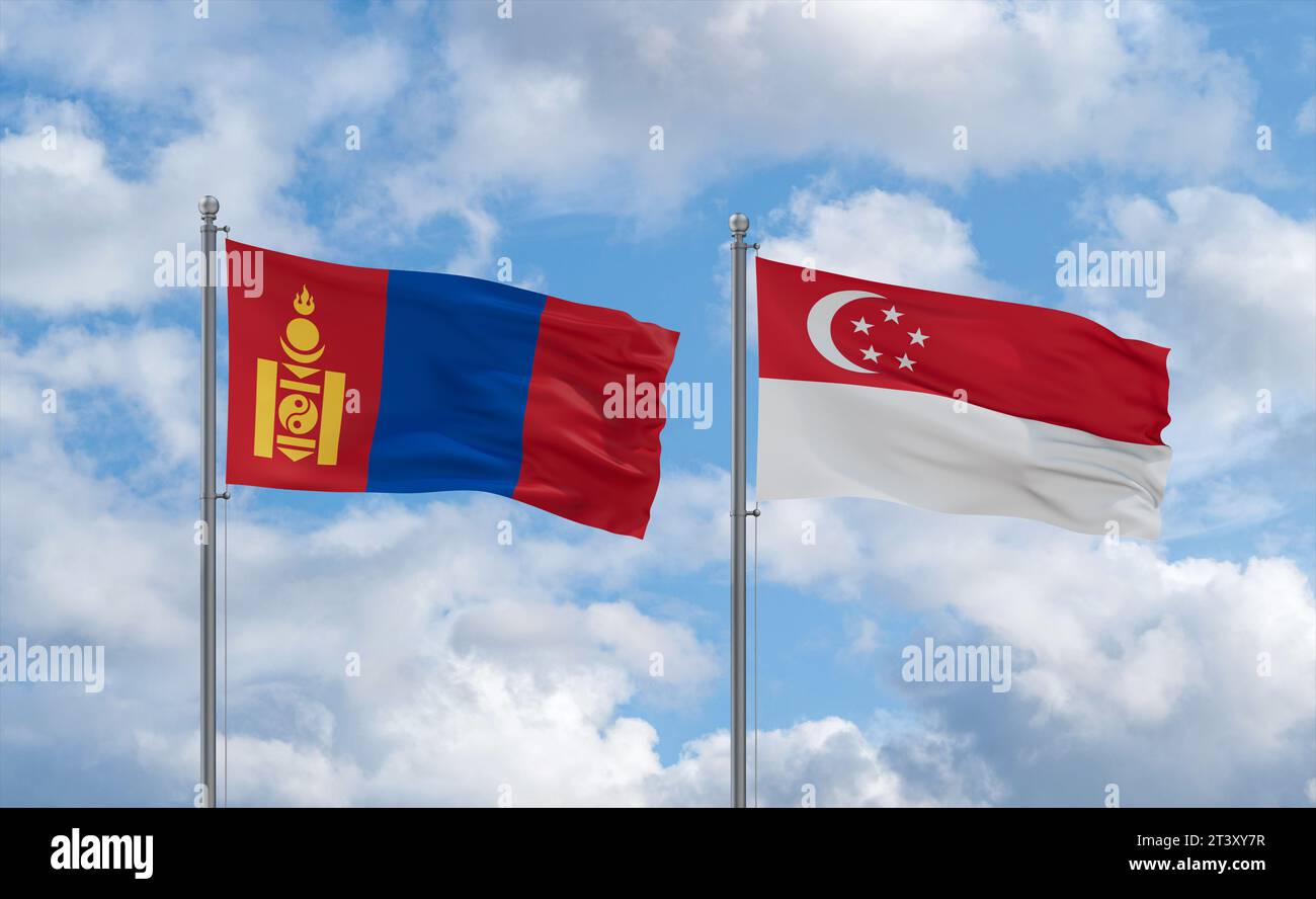 Republic of Singapore and Mongolia flags waving together in the wind on blue cloudy sky, two ...