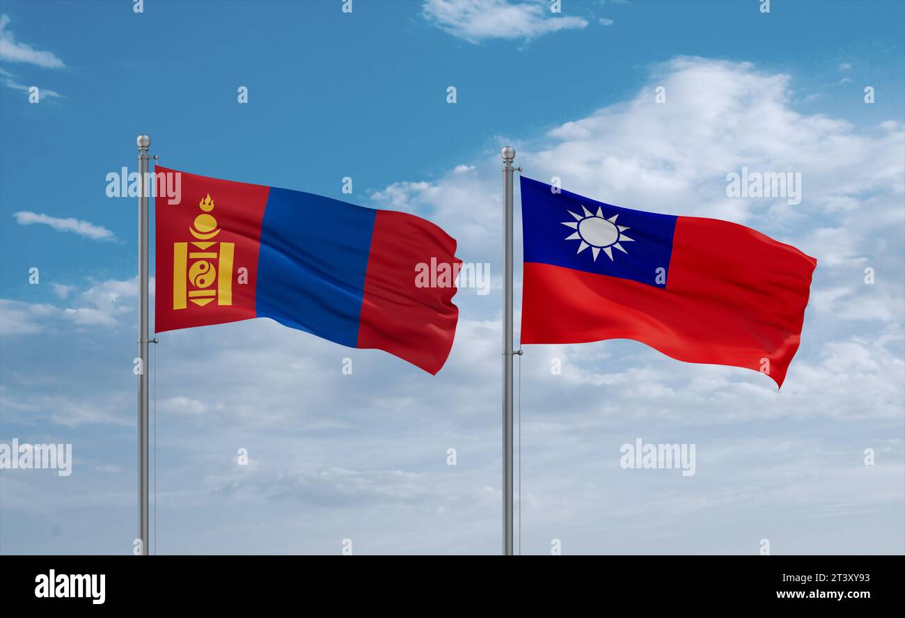 Taiwan and Mongolia flags waving together in the wind on blue cloudy sky, two country ...