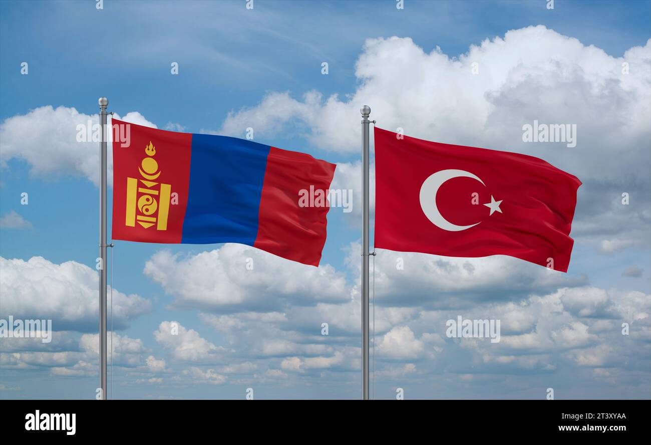 Republic of Turkey and Mongolia flags waving together in the wind on ...