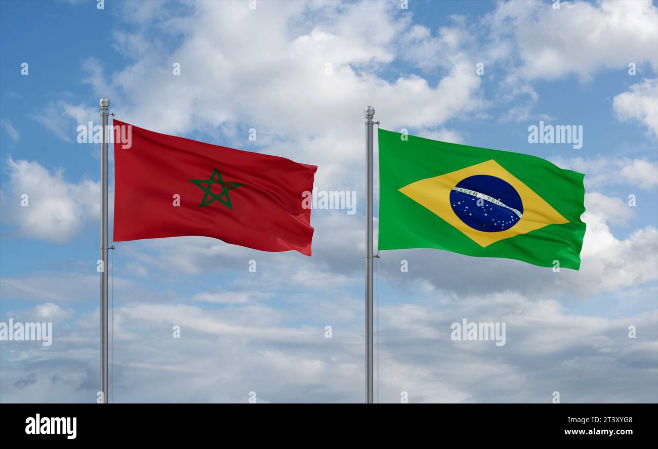 Brazil and Morocco flags waving together on blue cloudy sky, two ...