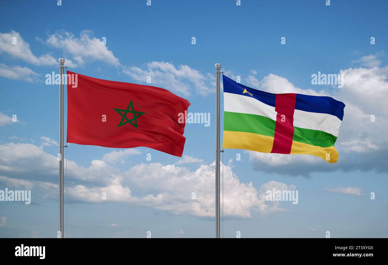 Central African Republic and Morocco flags waving together in the wind ...