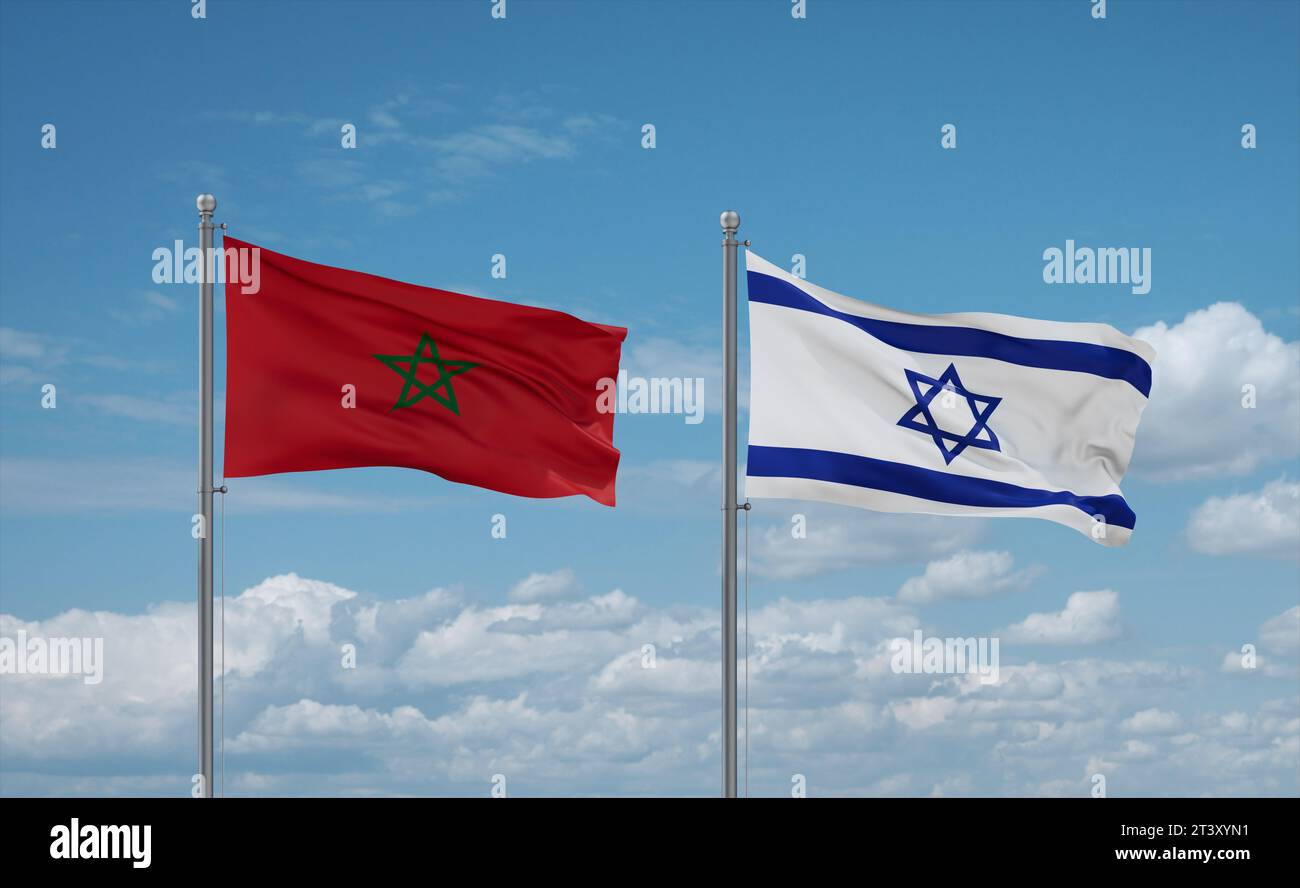 Israel and Morocco flags waving together on blue cloudy sky, two ...