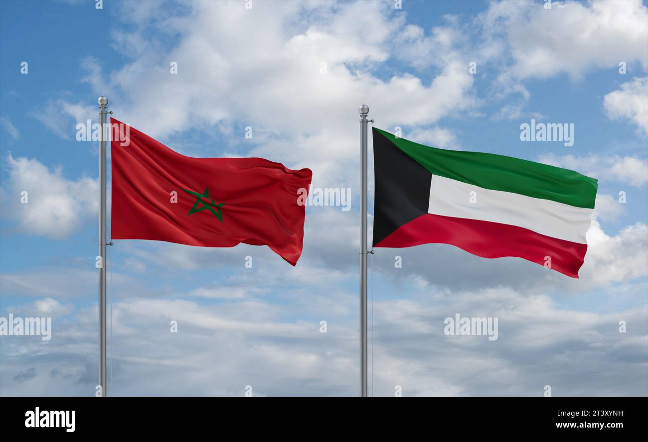 Kuwait and Morocco flags waving together in the wind on blue cloudy sky ...