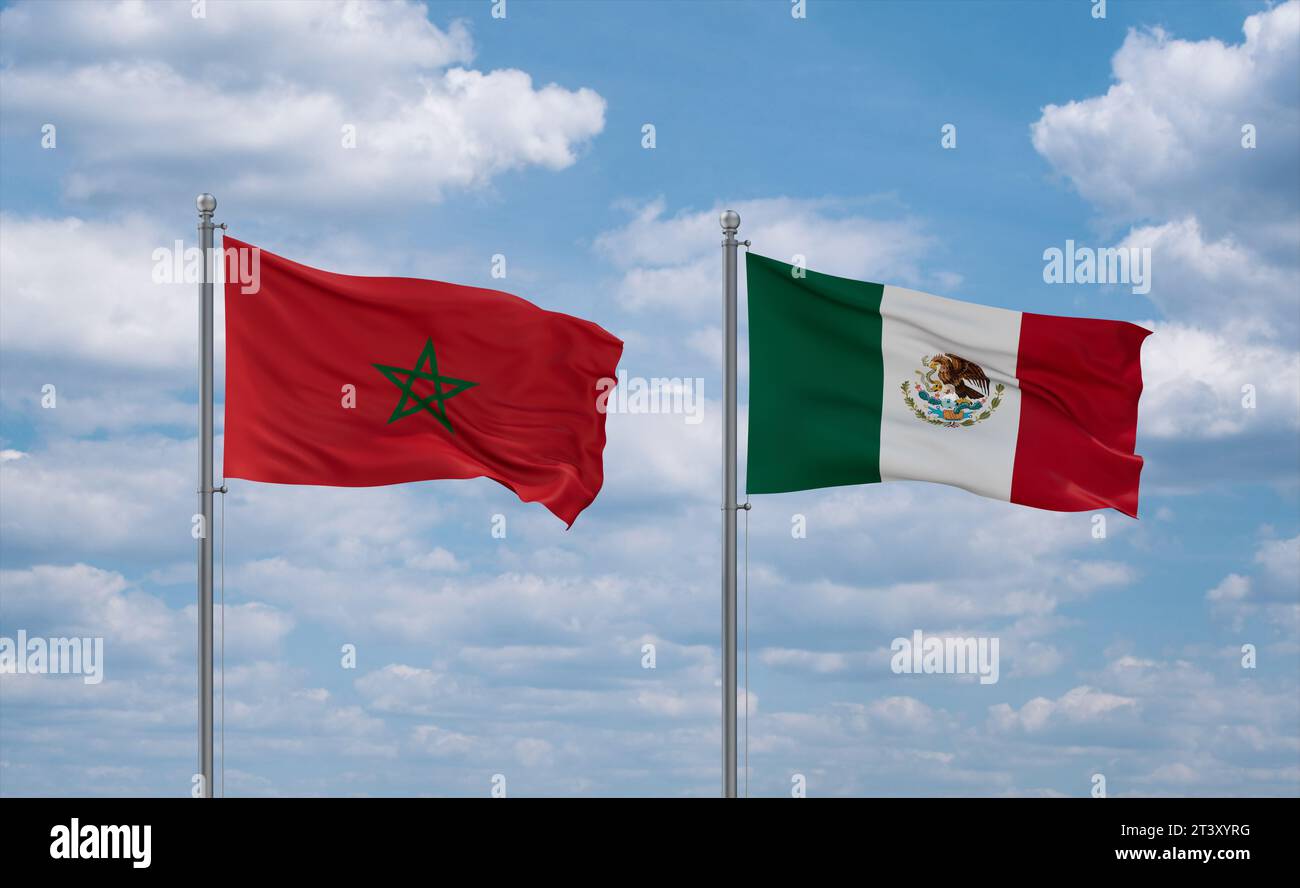 Mexico and Morocco flags waving together on blue cloudy sky, two ...