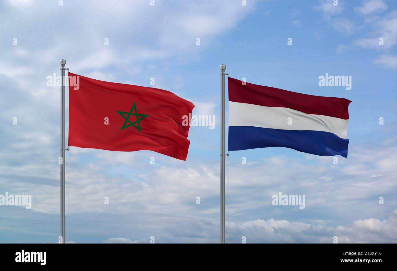 Netherlands and Morocco flags waving together on blue cloudy sky, two ...