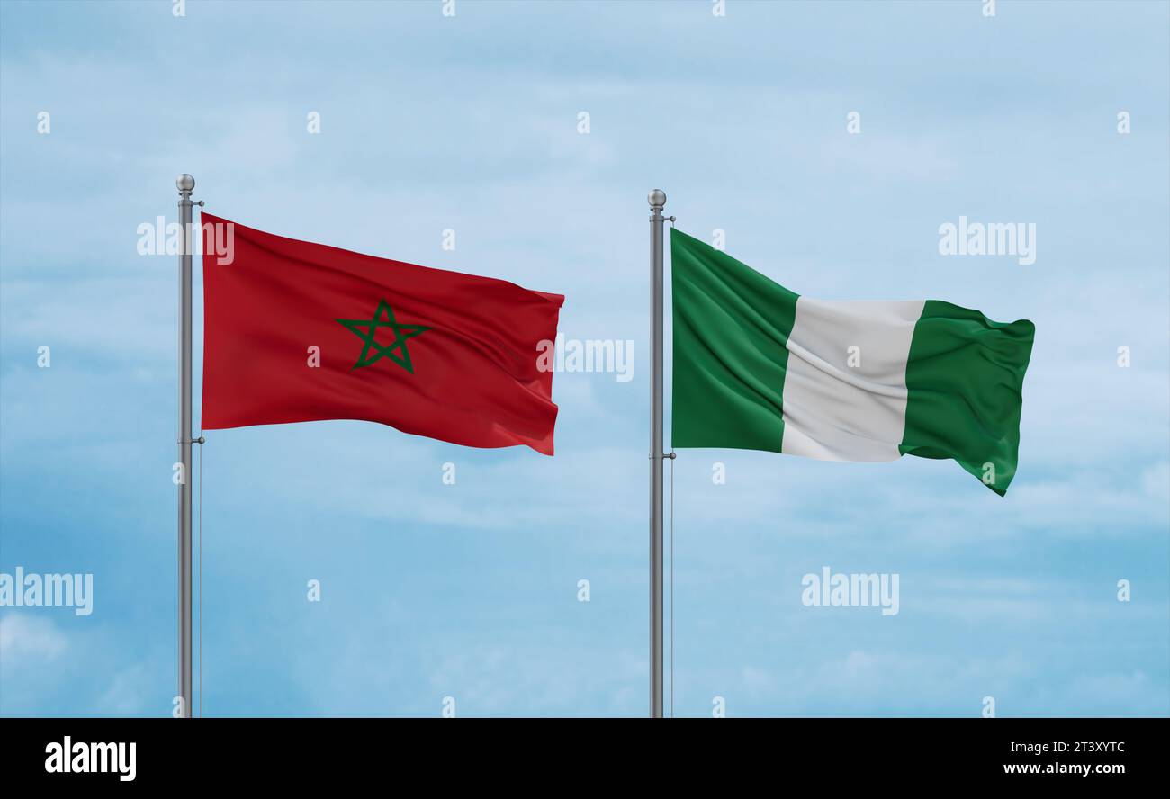 Nigeria and Morocco flags waving together on blue cloudy sky, two ...