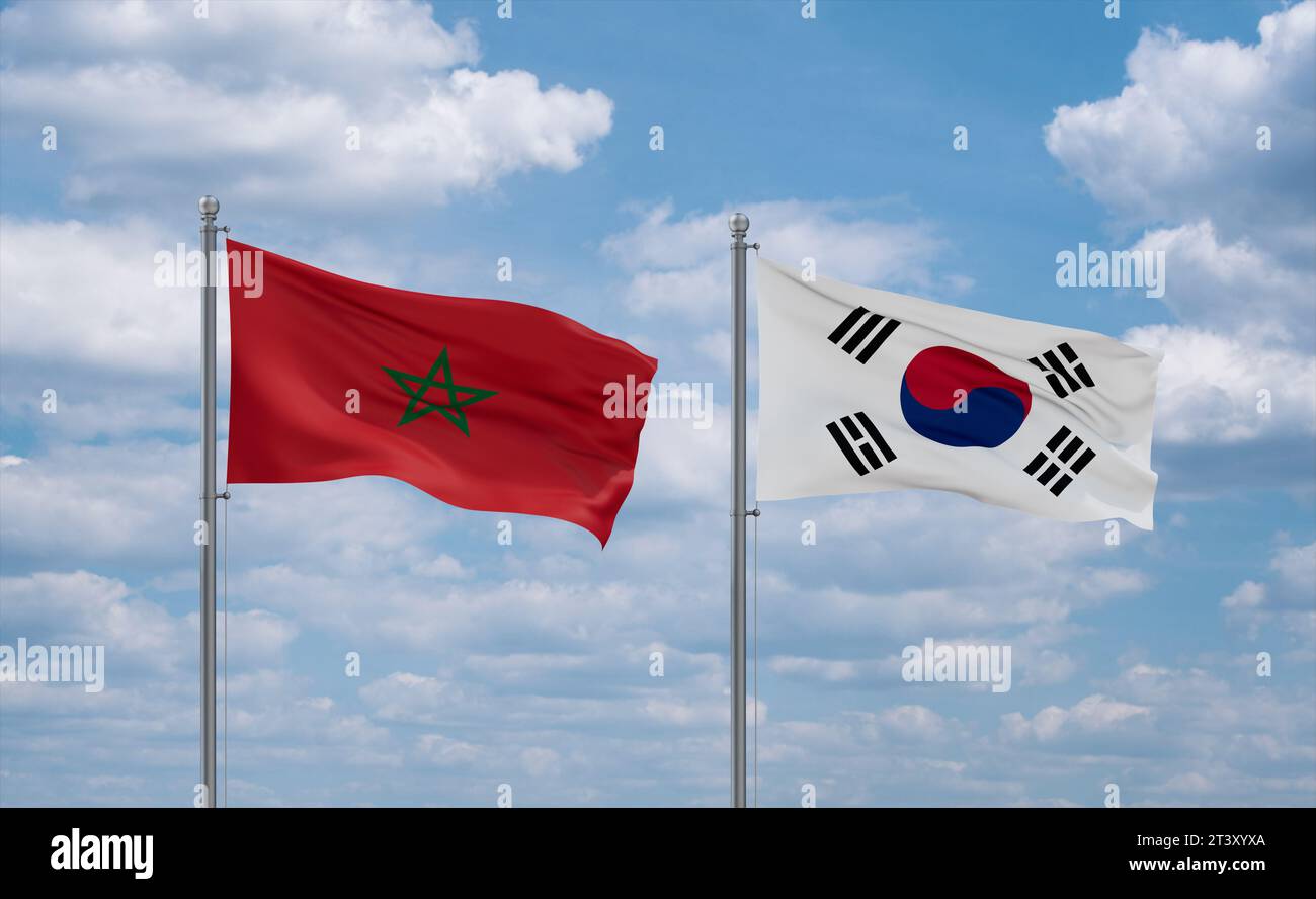 South Korea or Republic of Korea or ROK and Morocco flags waving ...