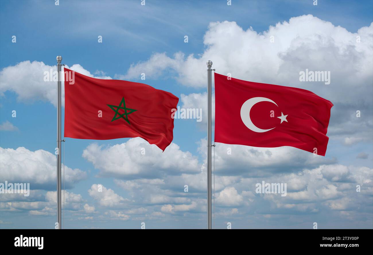 Republic of Turkey and Morocco flags waving together in the wind on ...