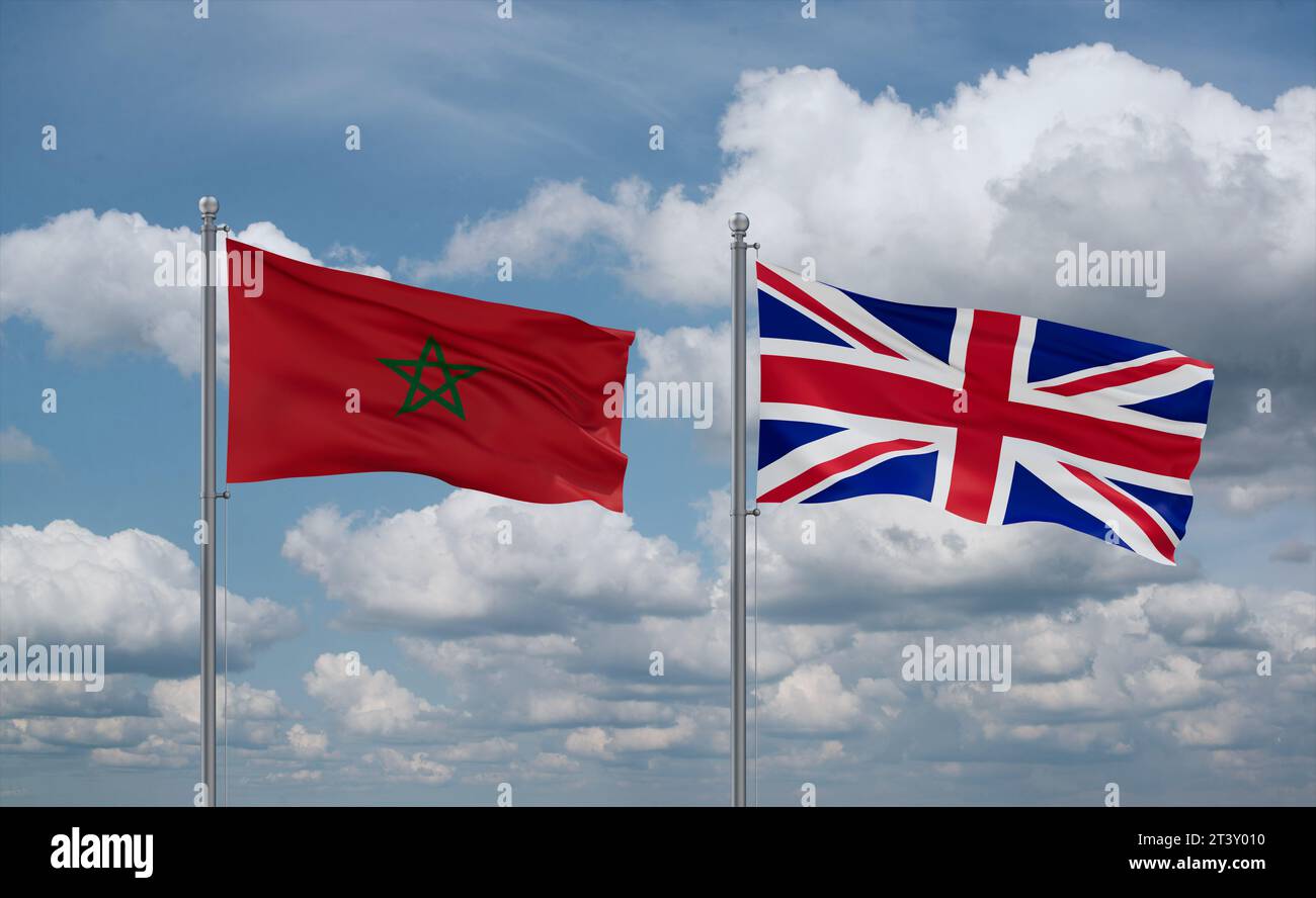 United Kingdom and Morocco flags waving together in the wind on blue ...