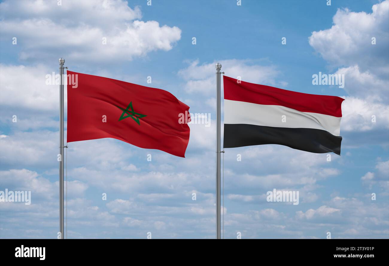 Yemen and Morocco flags waving together in the wind on blue cloudy sky ...