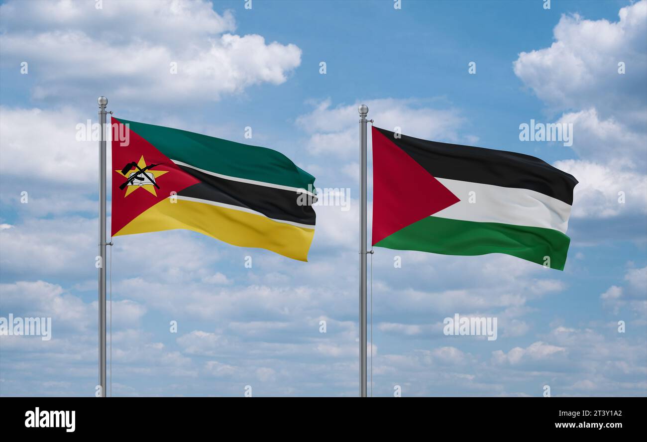 Palestine and Gaza Strip and Mozambique flags waving together on blue ...