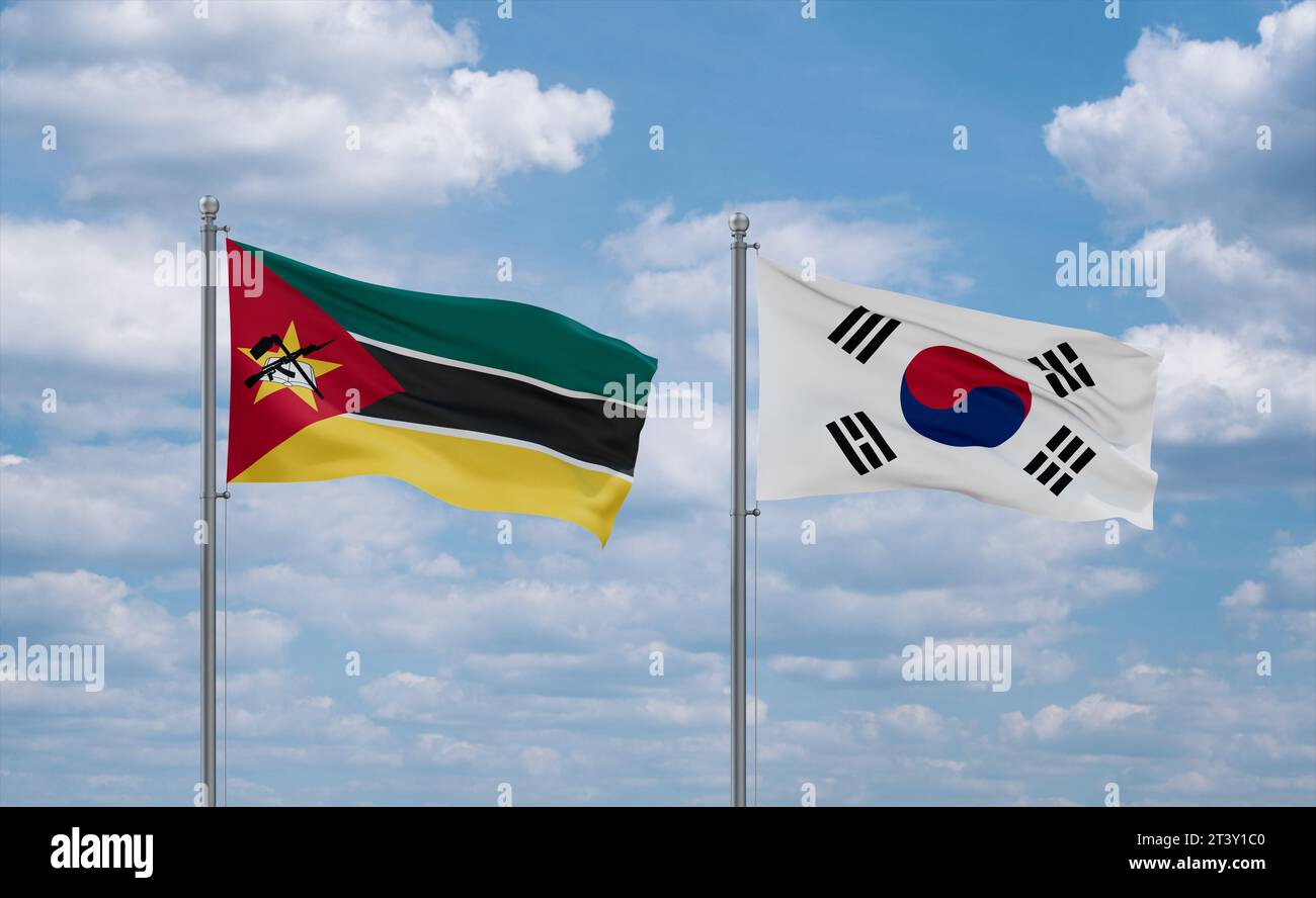 South Korea or Republic of Korea or ROK and Mozambique flags waving ...