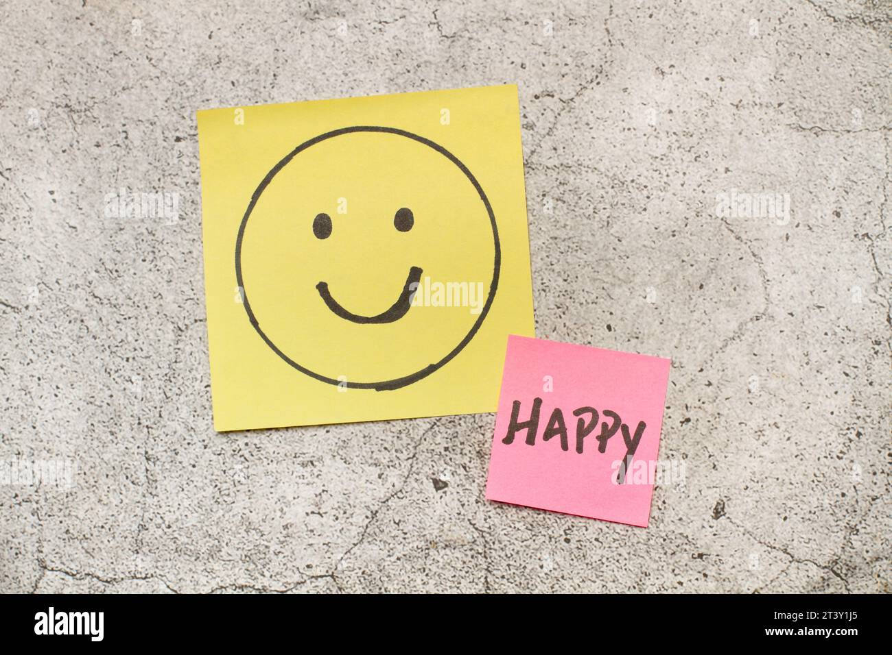 Colored paper notes with happy drawing face and single word on a gray ...