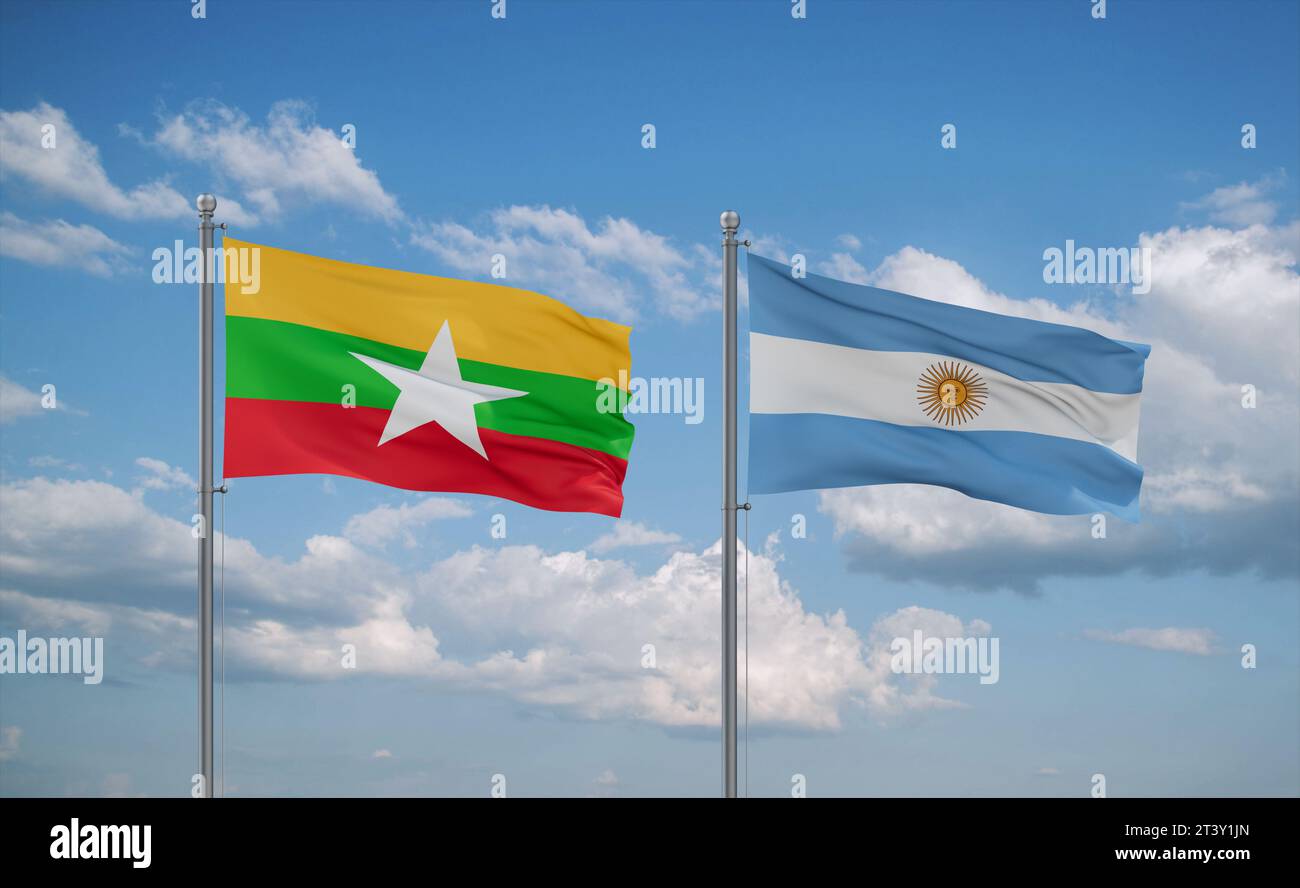 Argentina and Myanmar flags waving together on blue cloudy sky, two country relationship concept ...