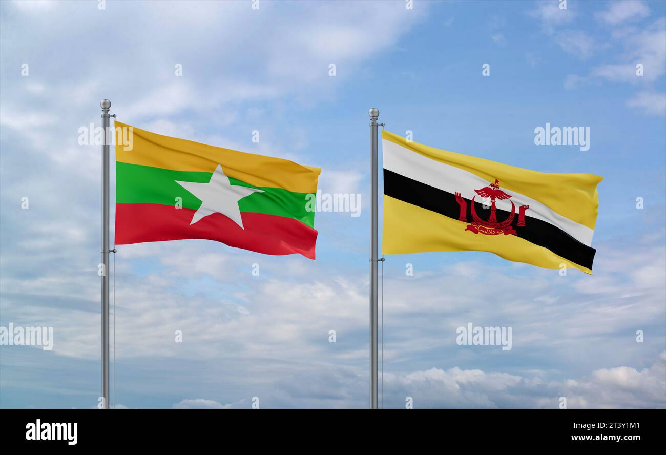Brunei and Myanmar flags waving together on blue cloudy sky, two ...