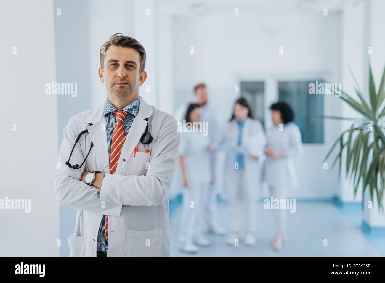 Portrait of good looking doctor standing and posing. Group of doctors ...