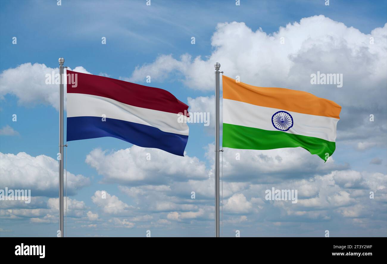 India and Netherlands flags waving together on blue cloudy sky, two ...