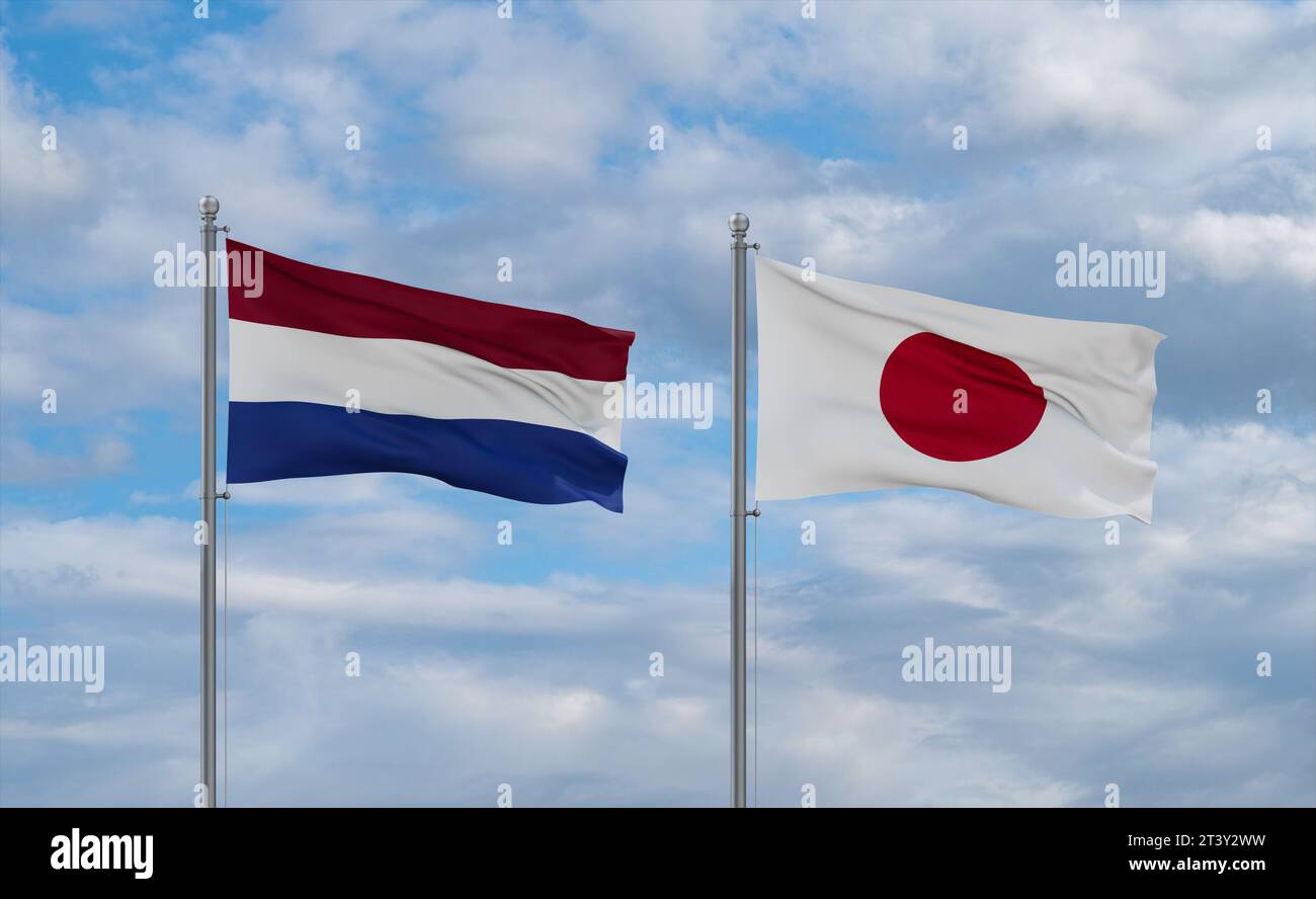 Japan and Netherlands flags waving together on blue cloudy sky, two ...