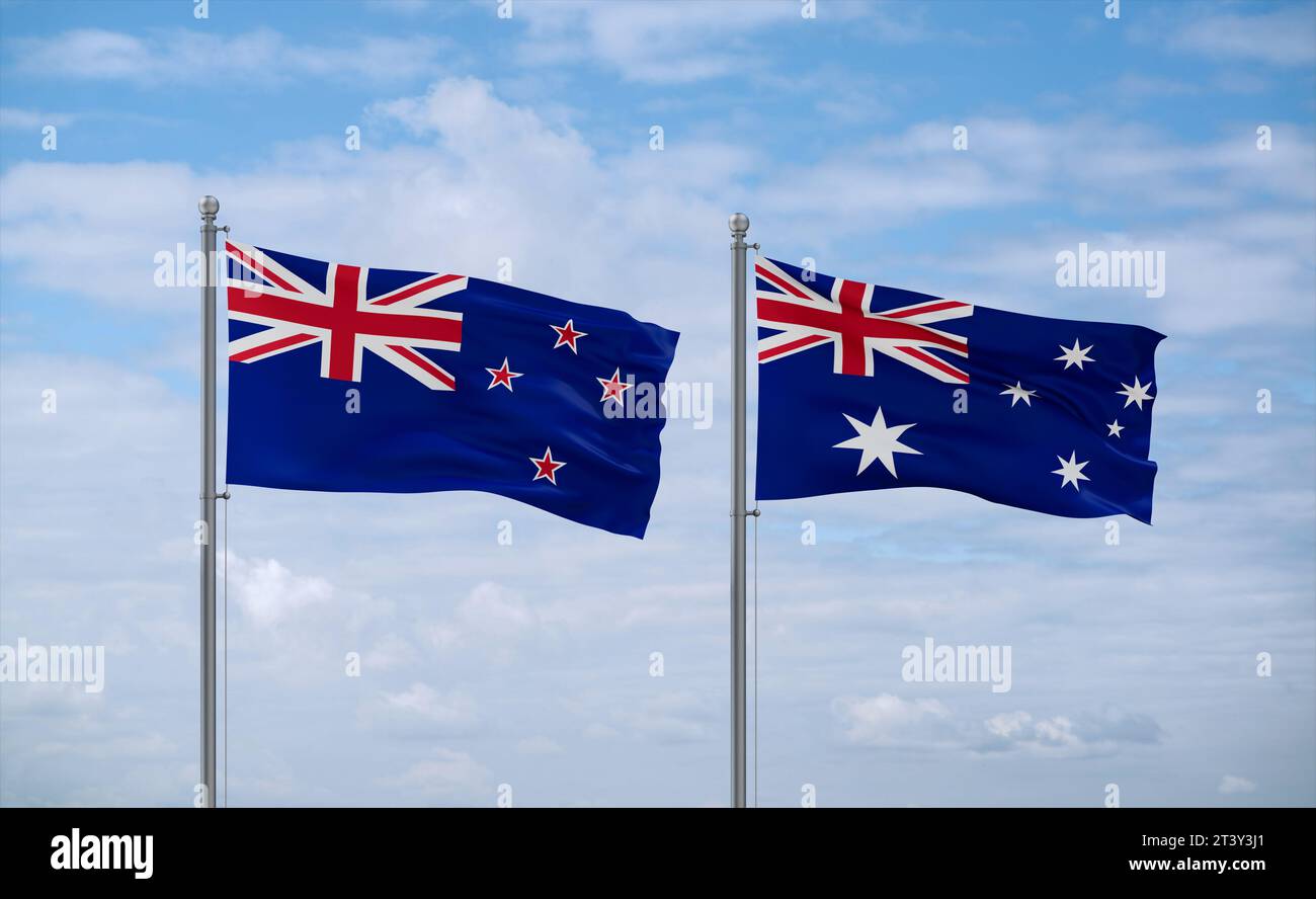 Australia and New Zealand flags waving together on blue cloudy sky, two country relationship ...