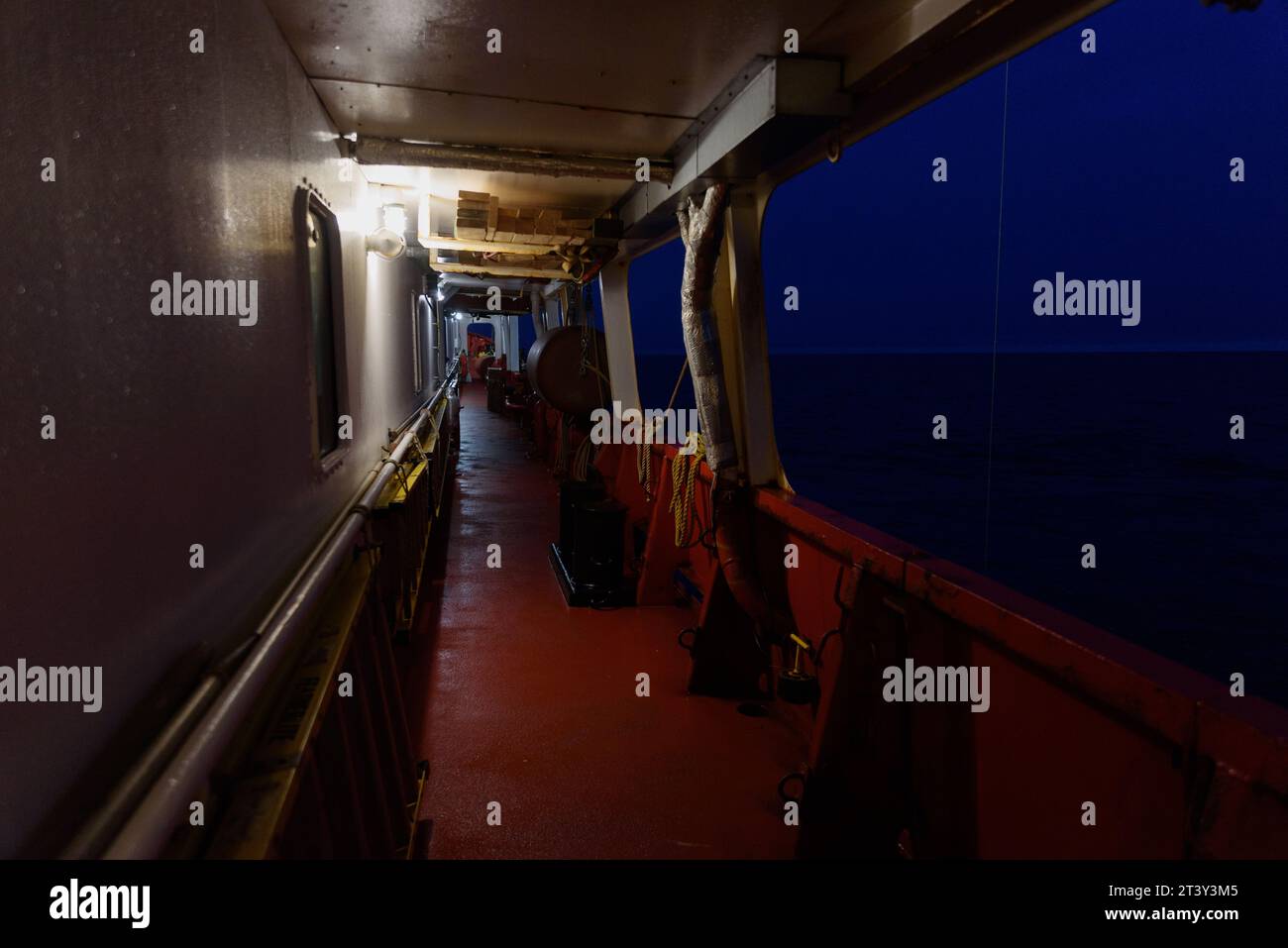 Canada. 18th Oct, 2023. An outer walkway at night aboard the Canadian ...