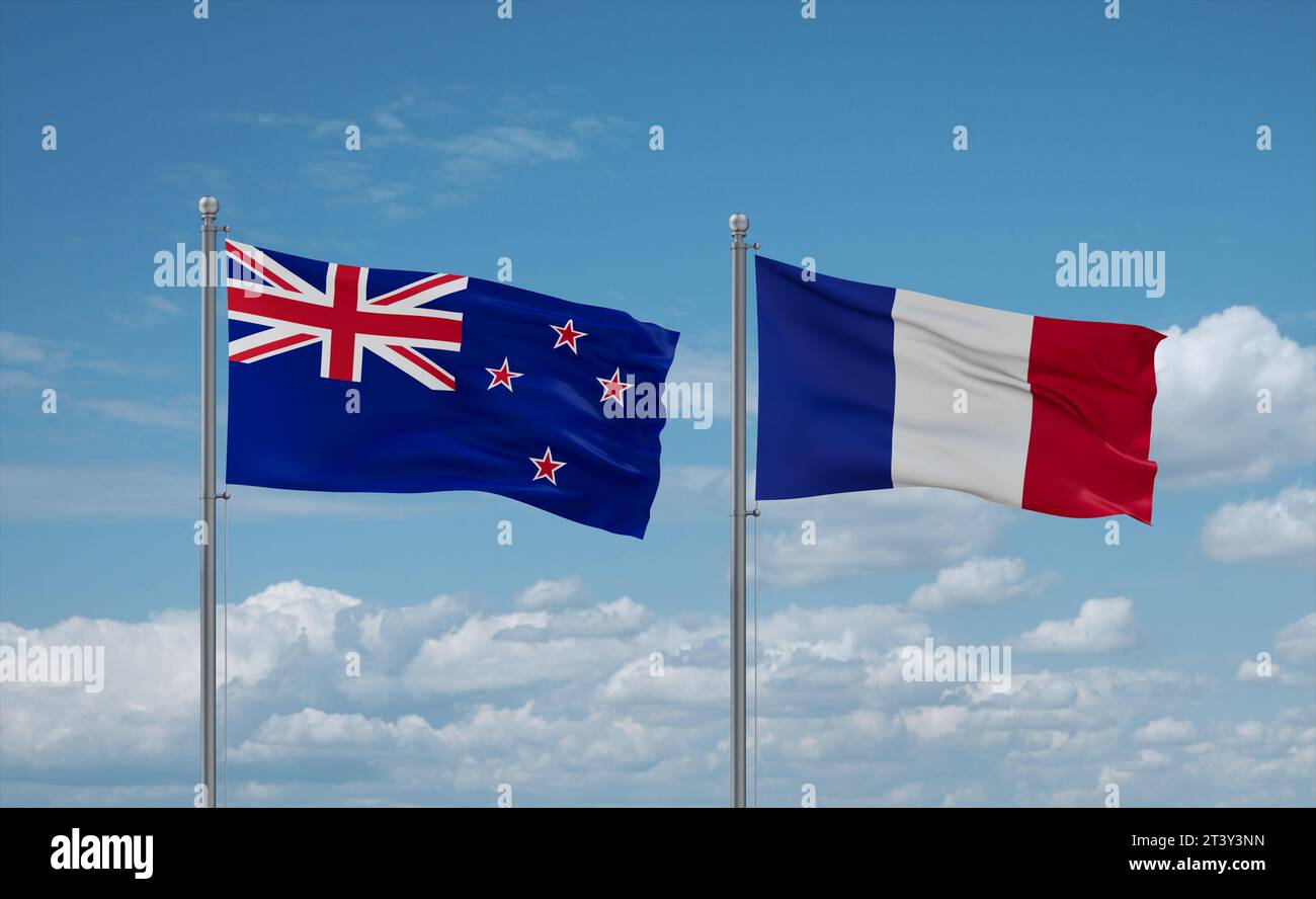 New Zealand and France flags waving together on blue cloudy sky, two ...