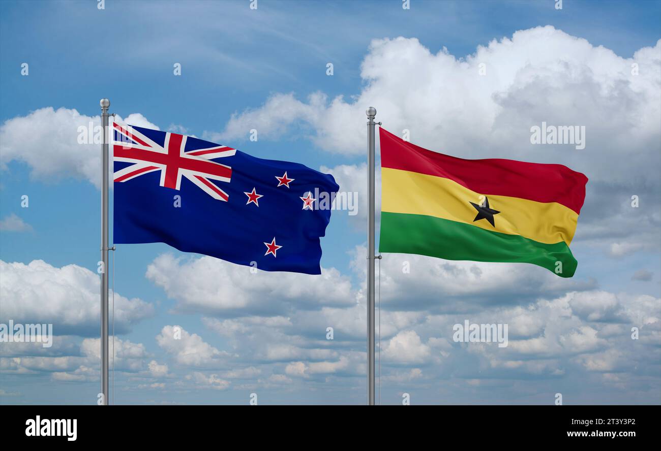 Ghana and New Zealand flags waving together on blue cloudy sky, two ...