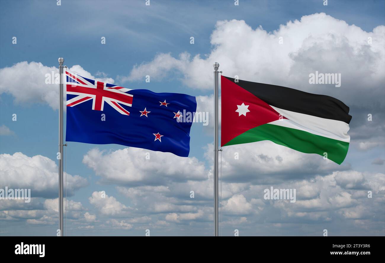 Jordan and New Zealand flags waving together in the wind on blue cloudy ...