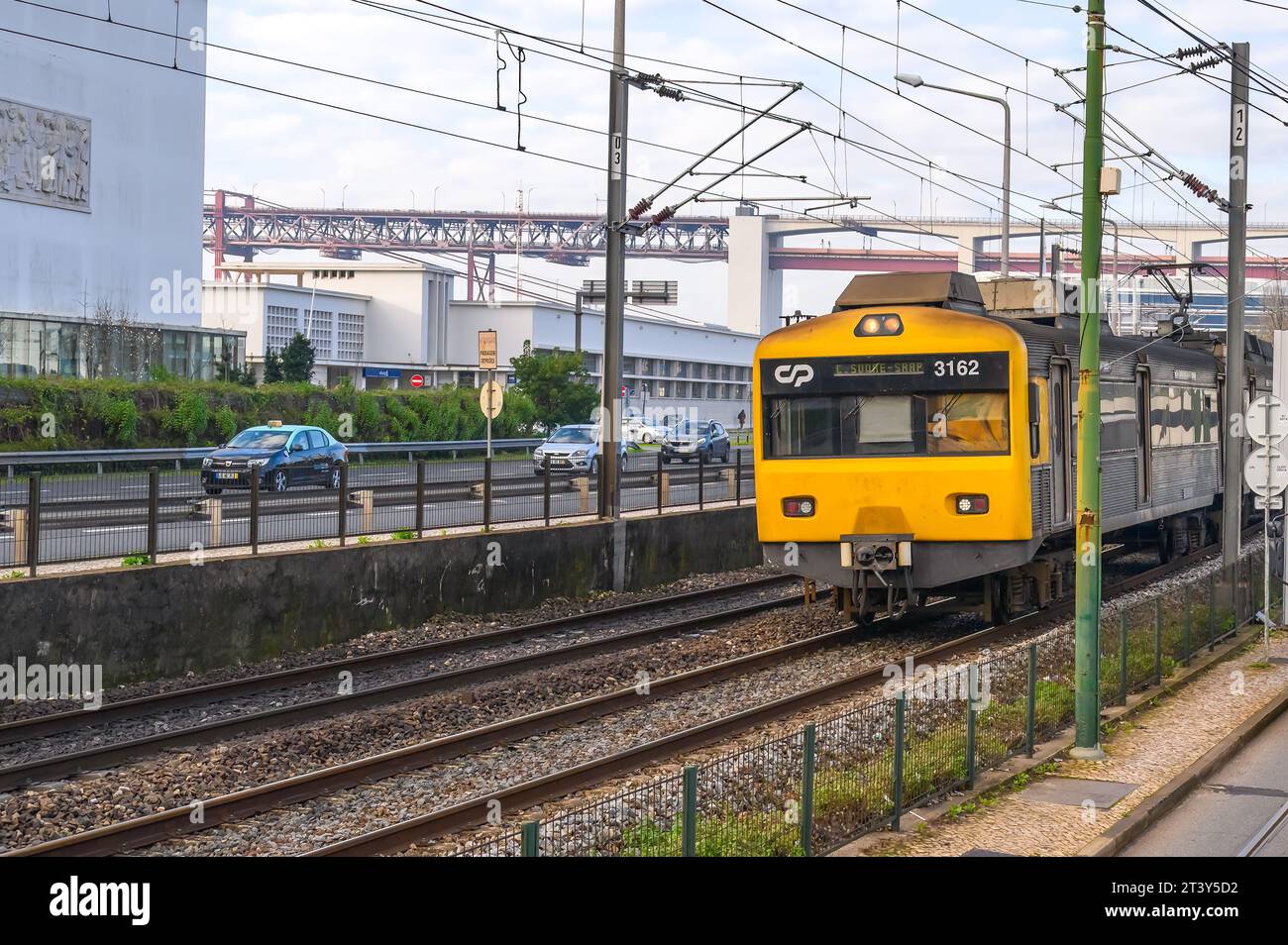 A public transportation train moving in railroad tracks in the Belem ...