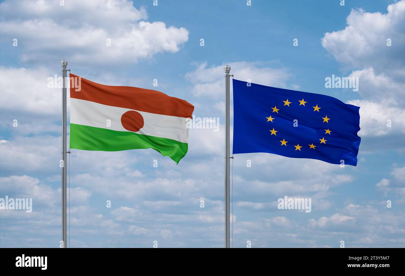 European Union and Niger flags waving together in the wind on blue ...