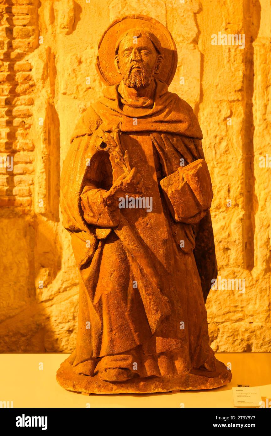 Murcia Cathedral, Spain. Front view of ancient sculpture or statue of a ...